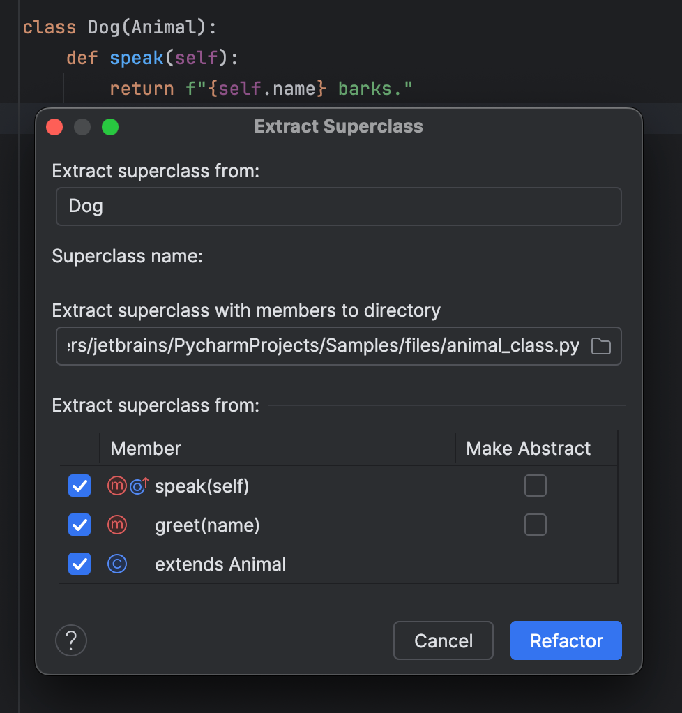 Extract Superclass | PyCharm Documentation