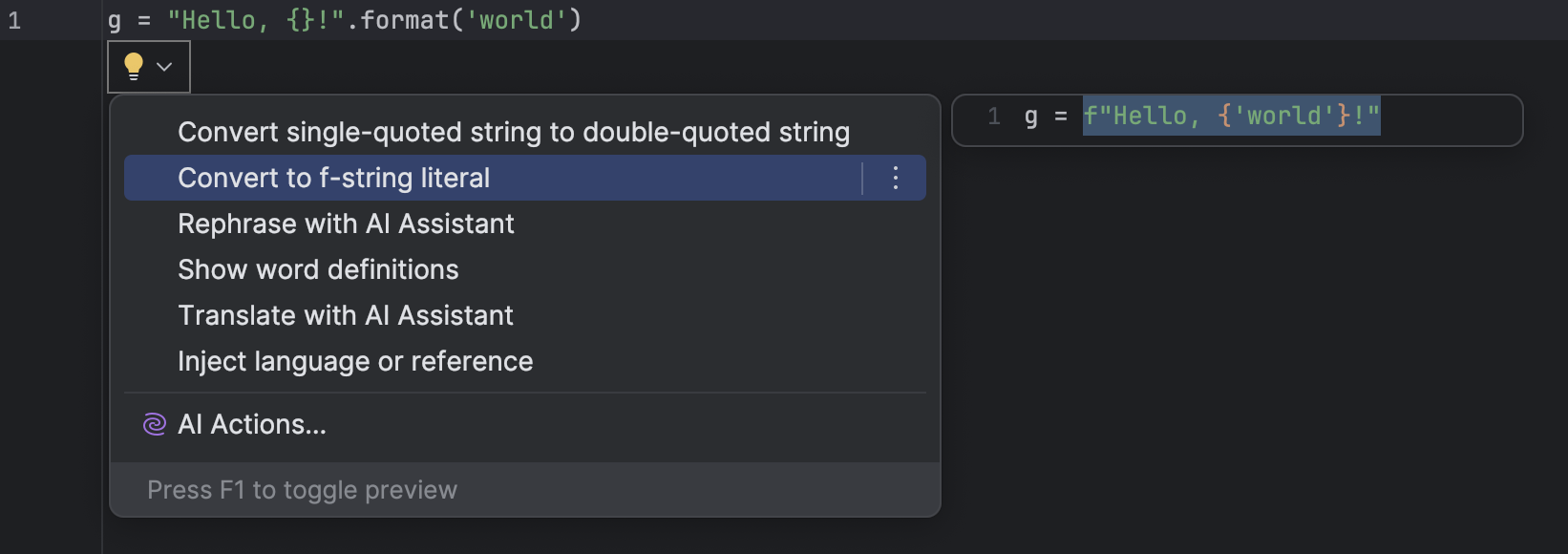 Intention actions | PyCharm Documentation