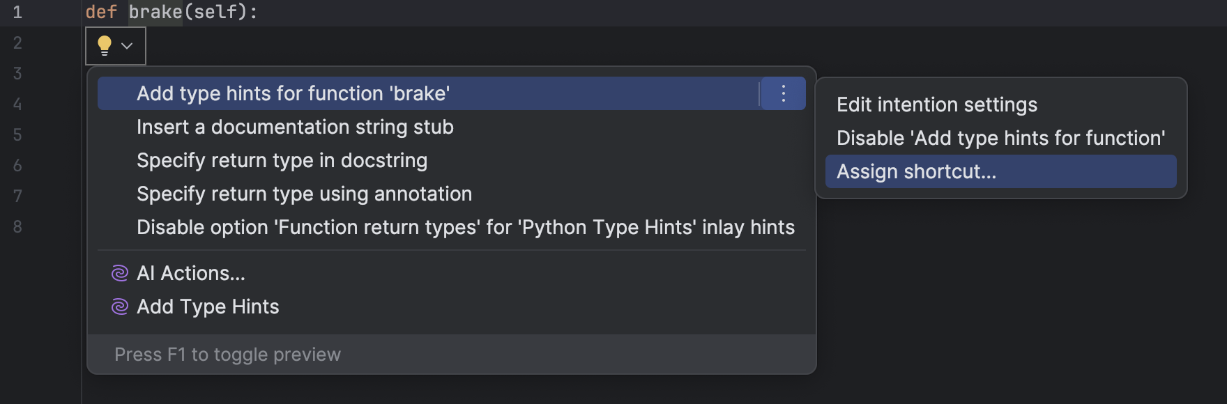 Intention actions | PyCharm Documentation