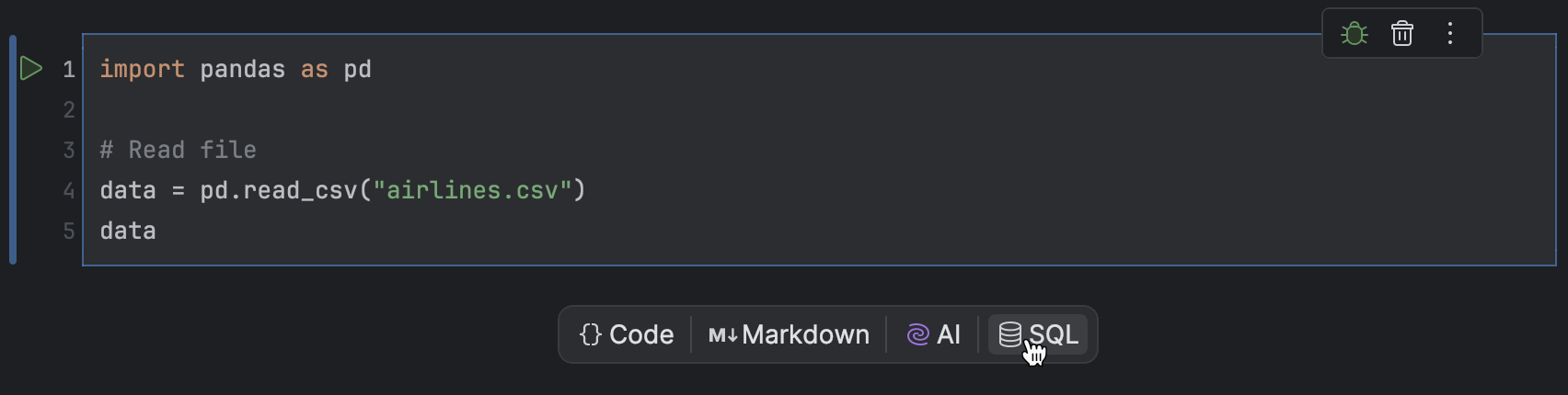 Work with SQL cells | PyCharm Documentation