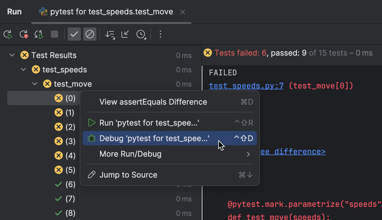 Rerun and debug tests | PyCharm Documentation