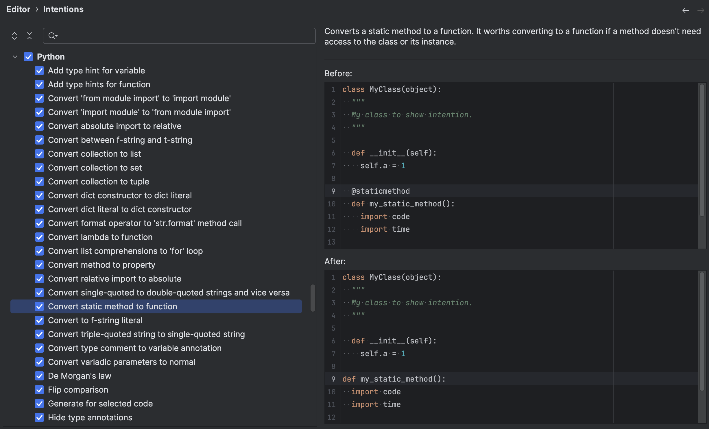 Intention actions | PyCharm Documentation