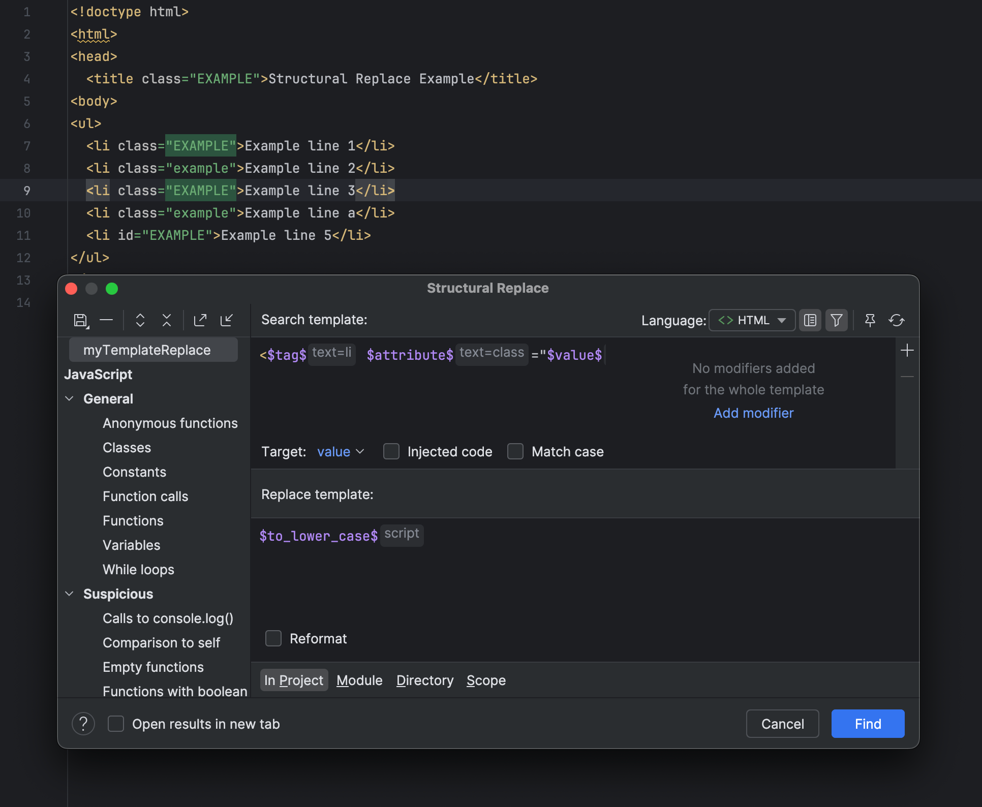 Structural search and replace examples | IntelliJ IDEA Documentation