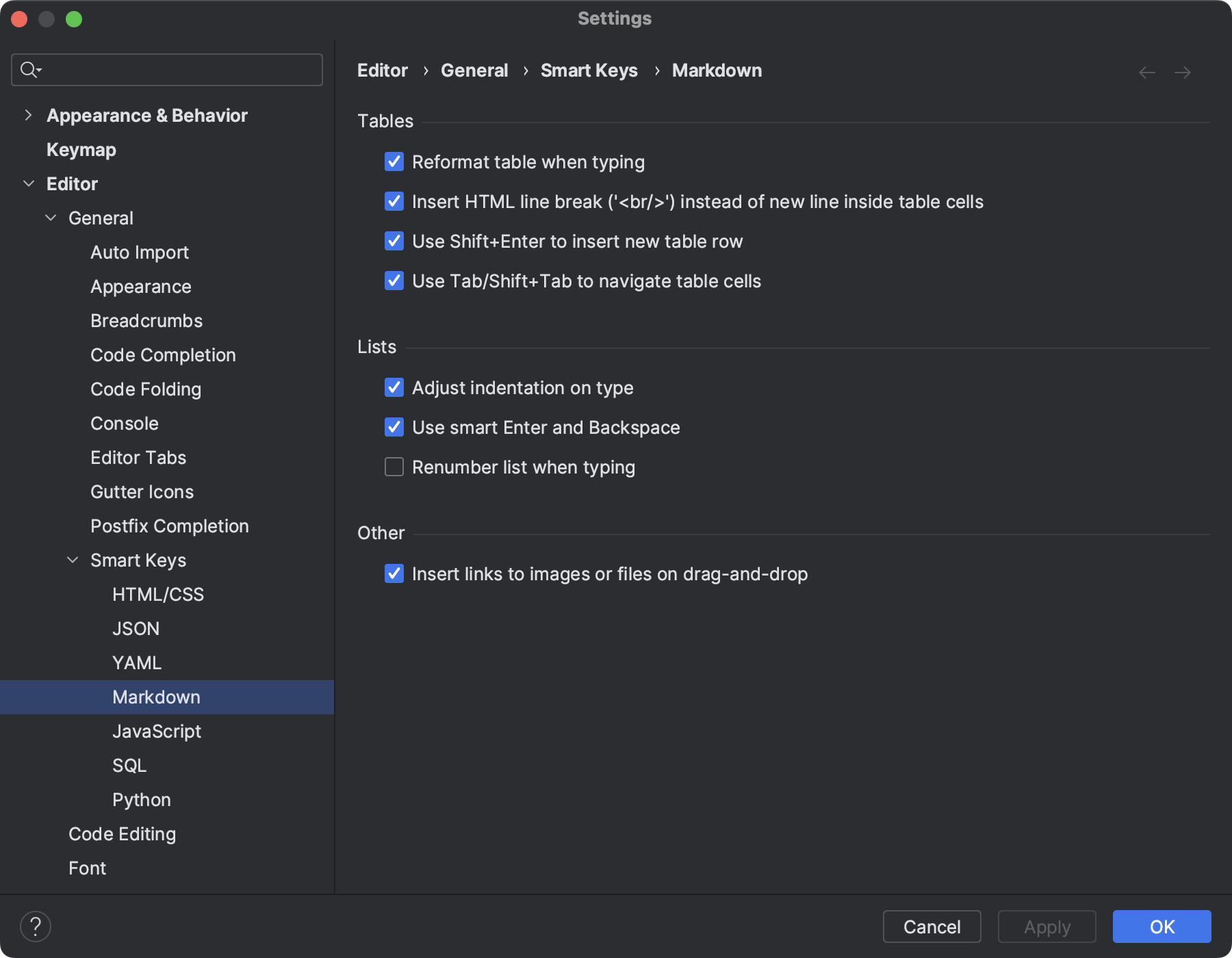Smart Keys settings: Markdown | IntelliJ IDEA Documentation