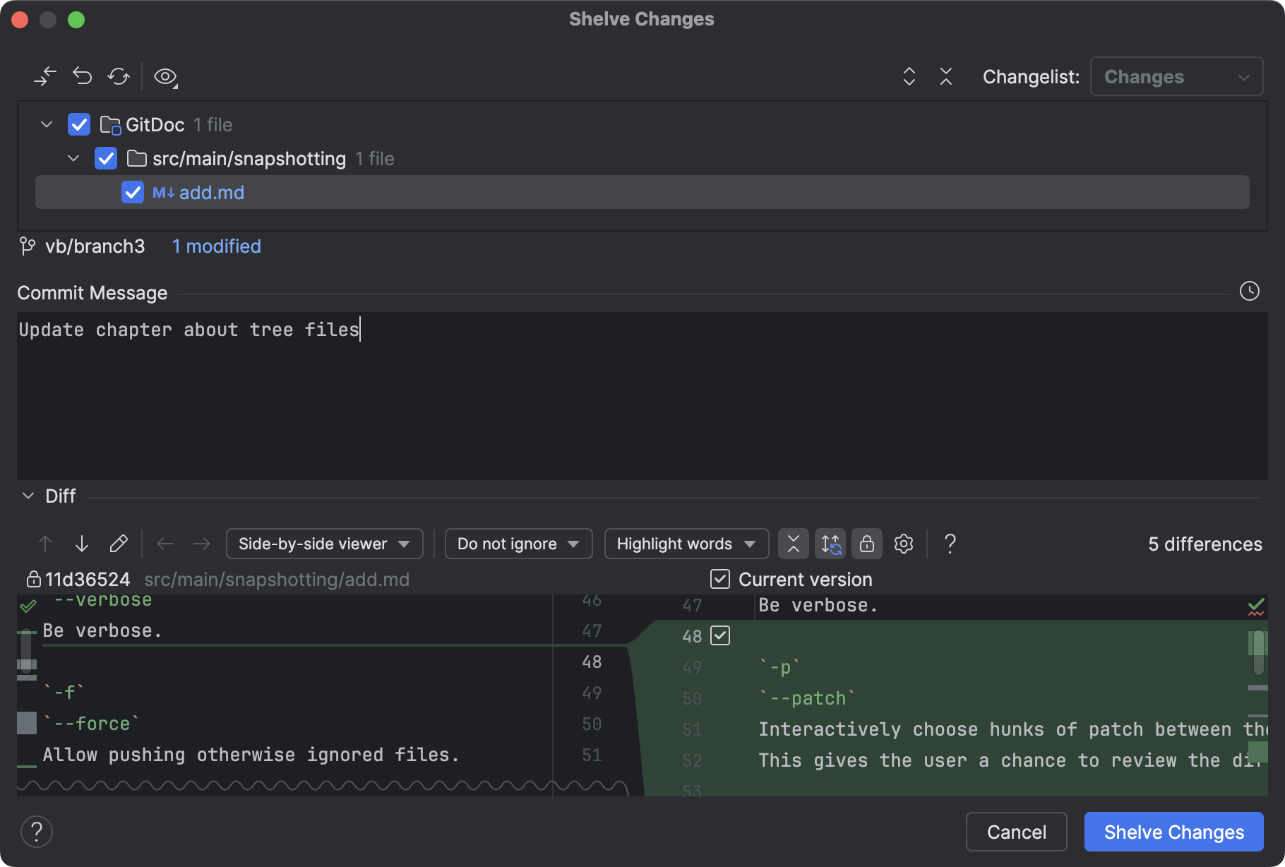 Shelve or stash changes | PhpStorm Documentation