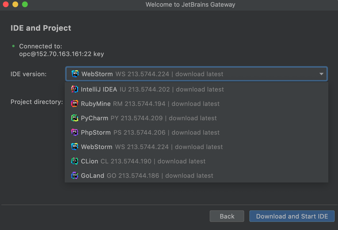 连接并使用 JetBrains Gateway | WebStorm 文档