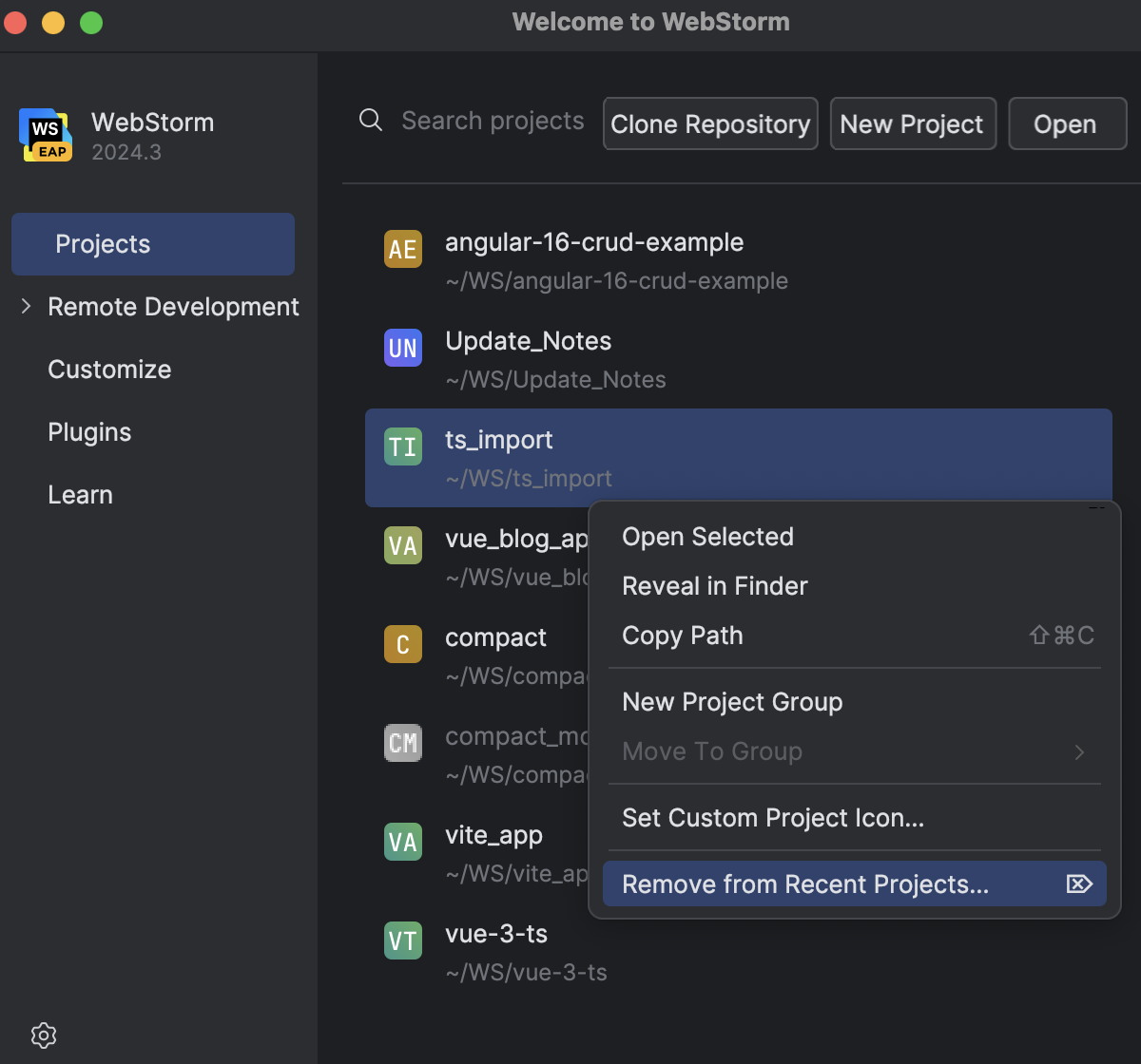 打开、重新打开和关闭项目 | WebStorm 文档