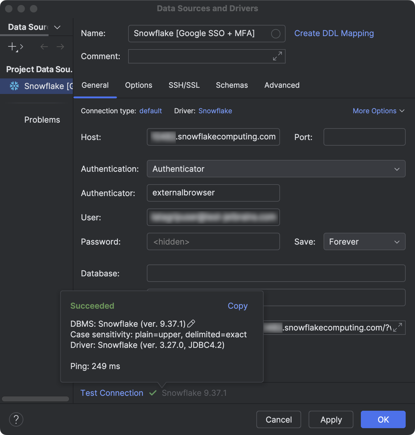 Create a Snowflake data source with Google Workspace SSO and Google Authenticator MFA | IntelliJ ...