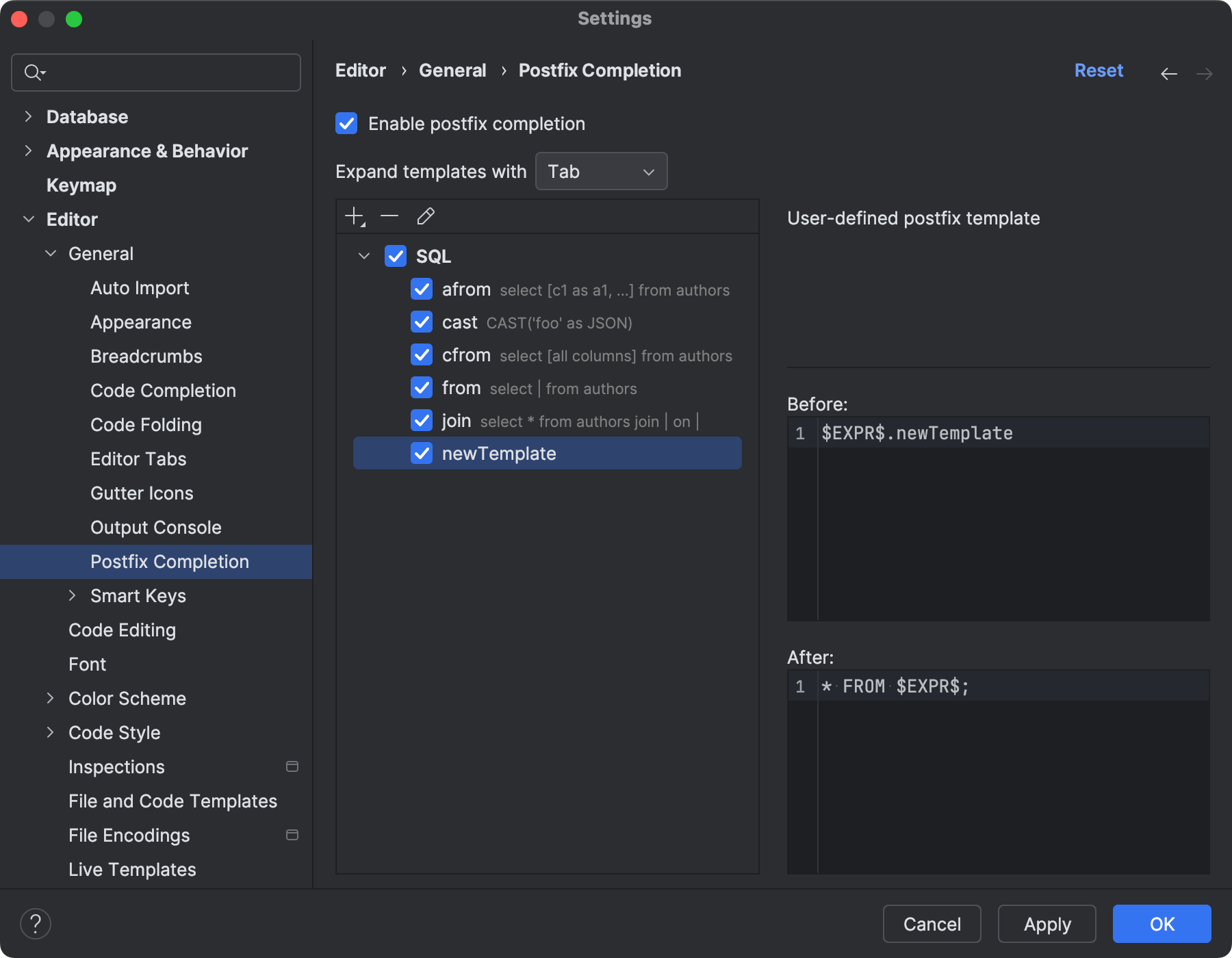 Postfix Completion Datagrip Documentation