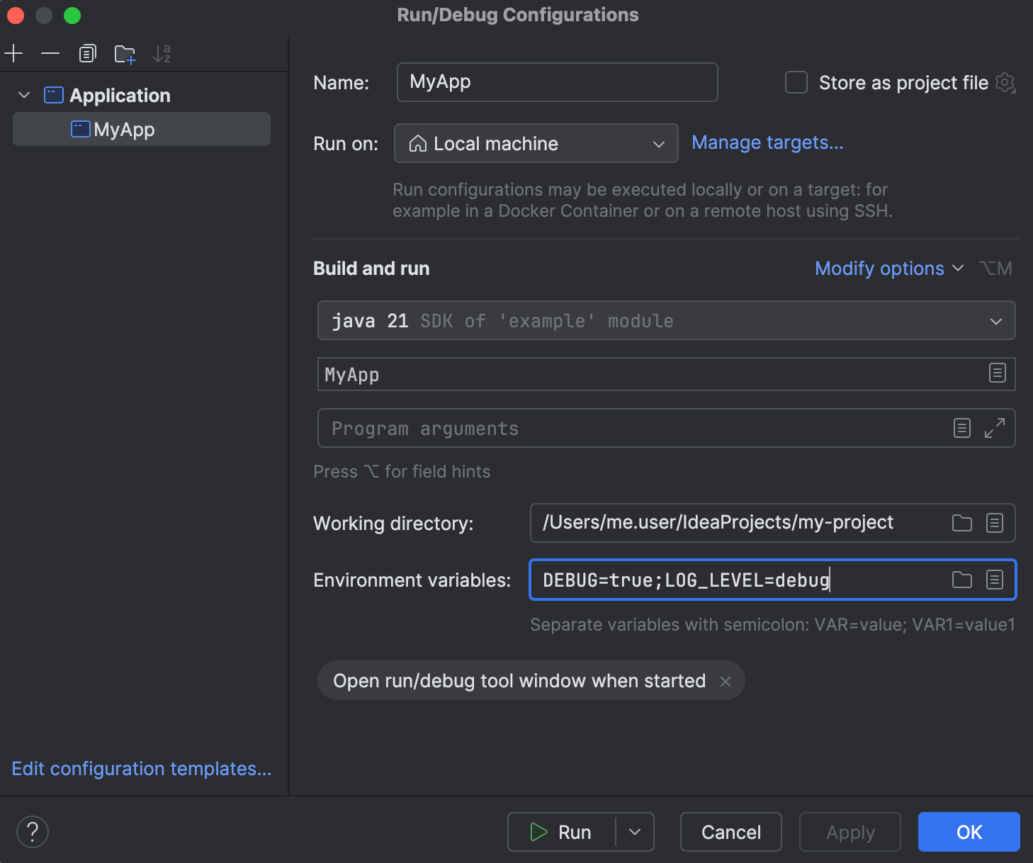 Program arguments, VM options, environment variables | IntelliJ IDEA Documentation