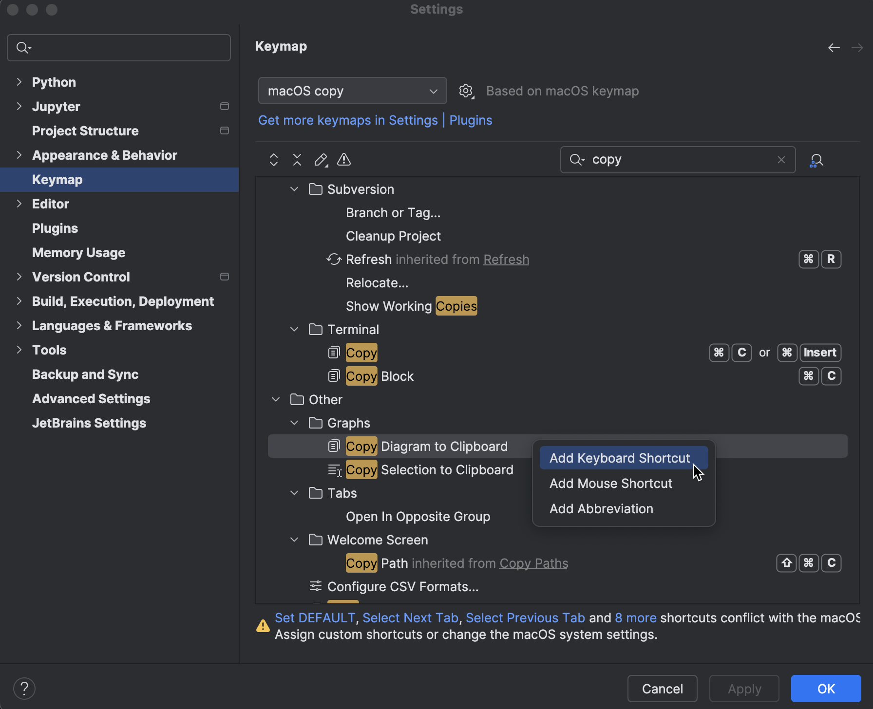 Configure keyboard shortcuts | PyCharm Documentation