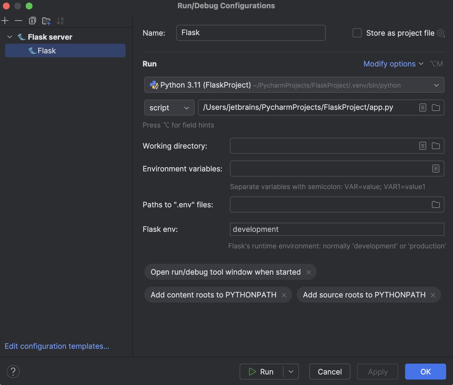実行 / デバッグ構成: Flask サーバー | PyCharm ドキュメント