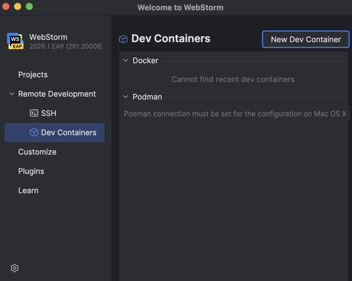 IDE の 'ようこそ' 画面から Dev Container を起動する | WebStorm ドキュメント