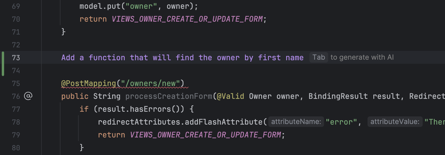 In-editor code generation | AI Assistant Documentation