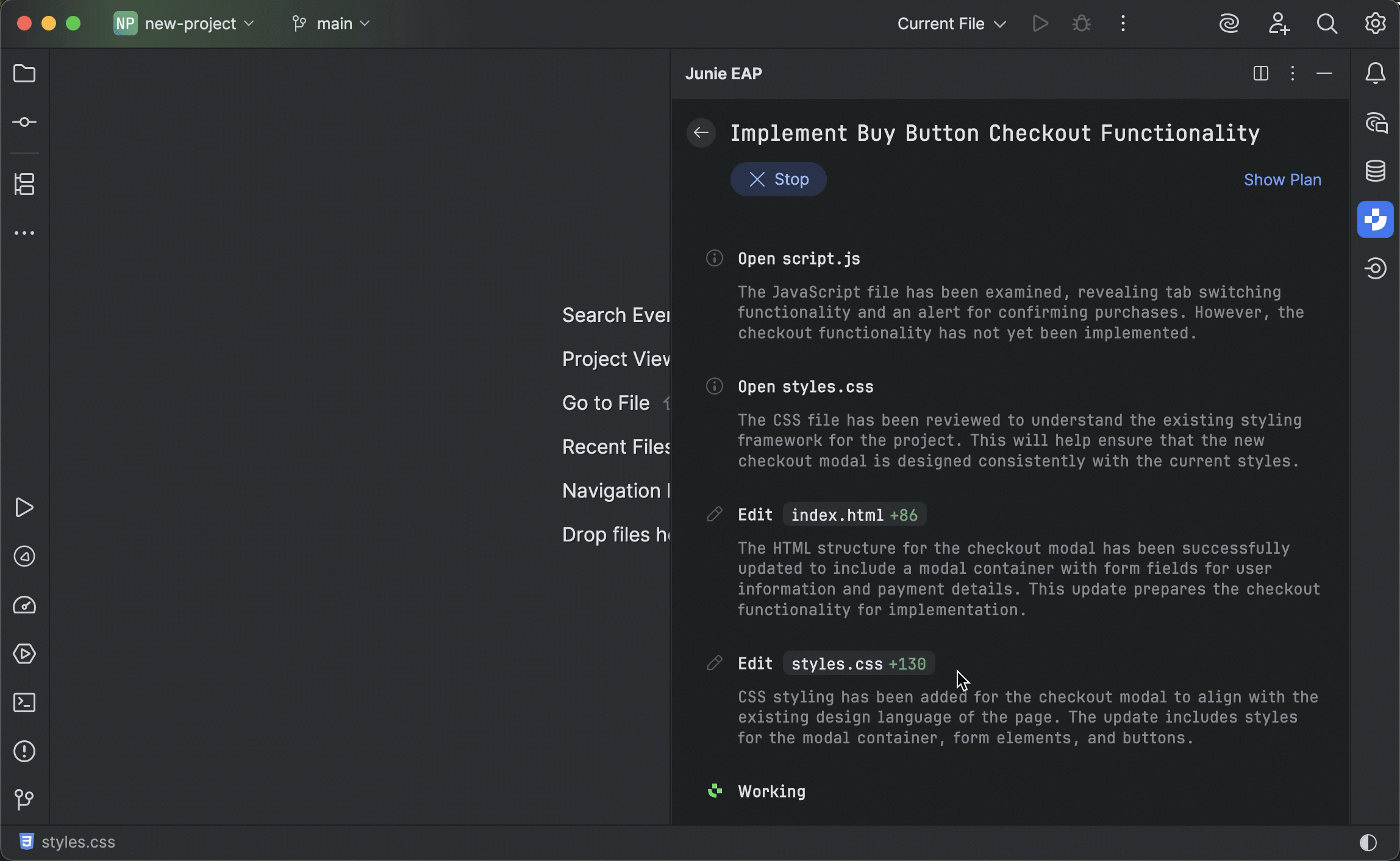 Diffs and review | Junie Documentation