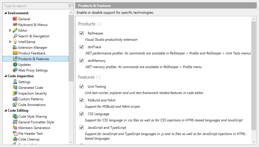 Features and Products | ReSharper Platform SDK Documentation