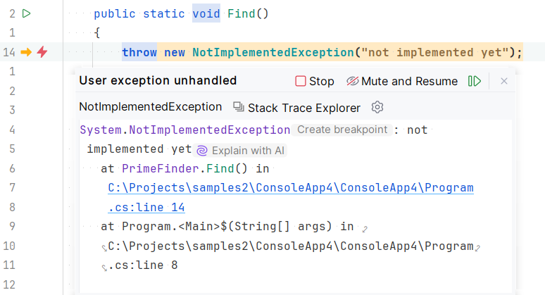 Explore and navigate exception stack traces | JetBrains Rider Documentation