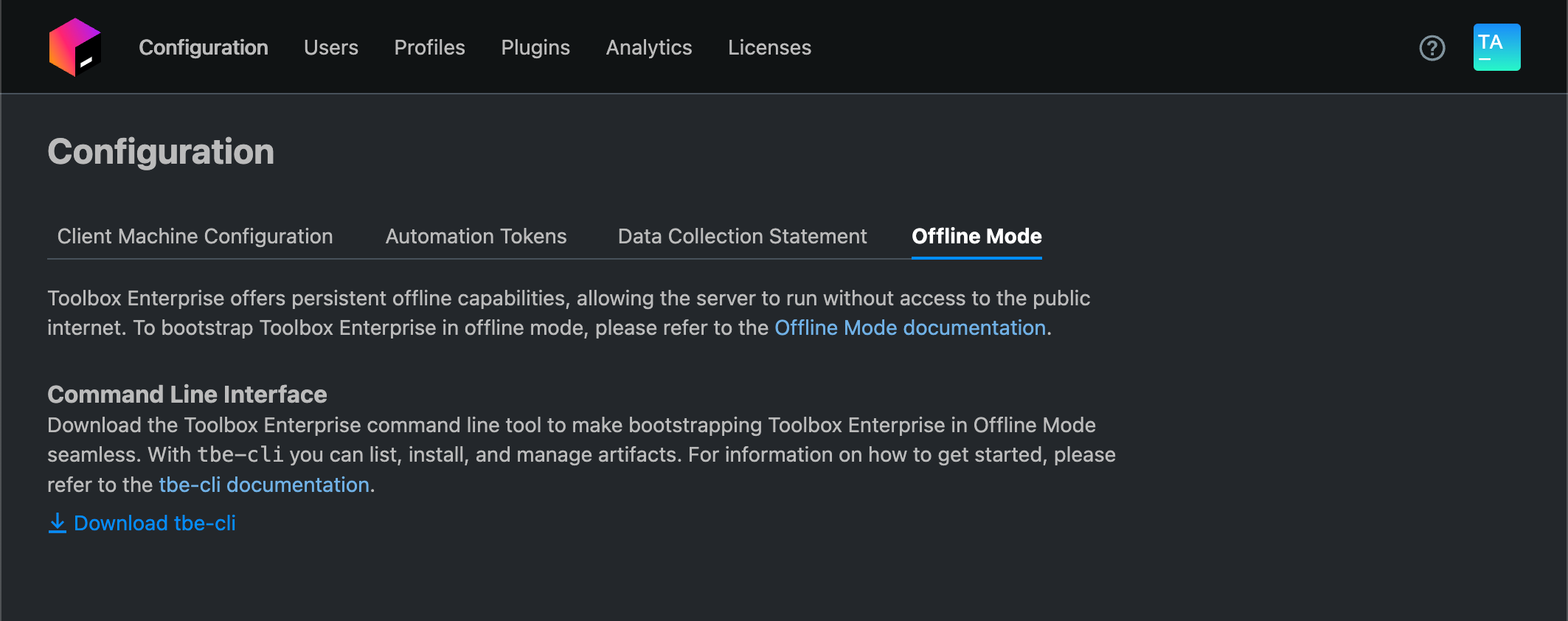 Offline mode | Toolbox Enterprise
