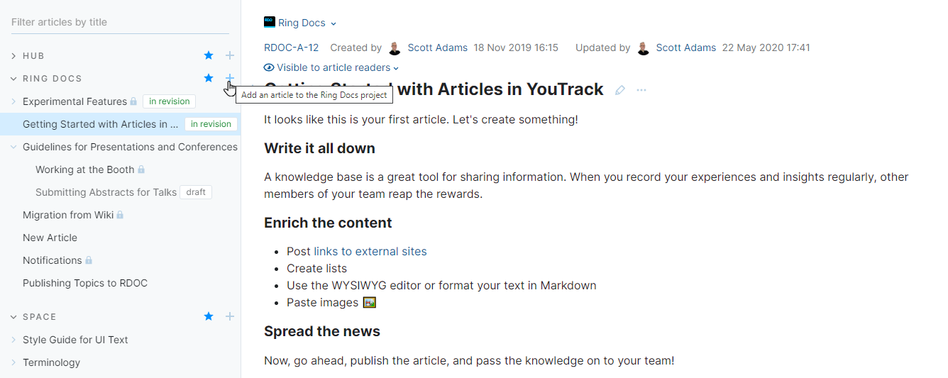 Create an Article | YouTrack Server Documentation